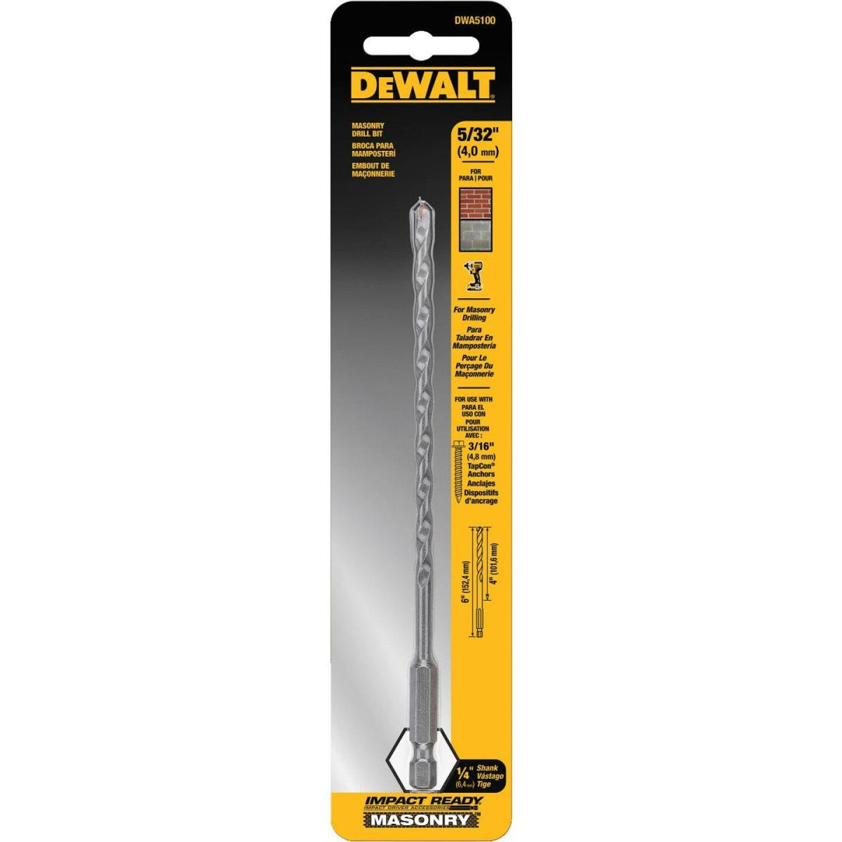 DeWalt 5/32 In. x 4 In. x 6 In. Impact Ready Masonry Drill Bit ...